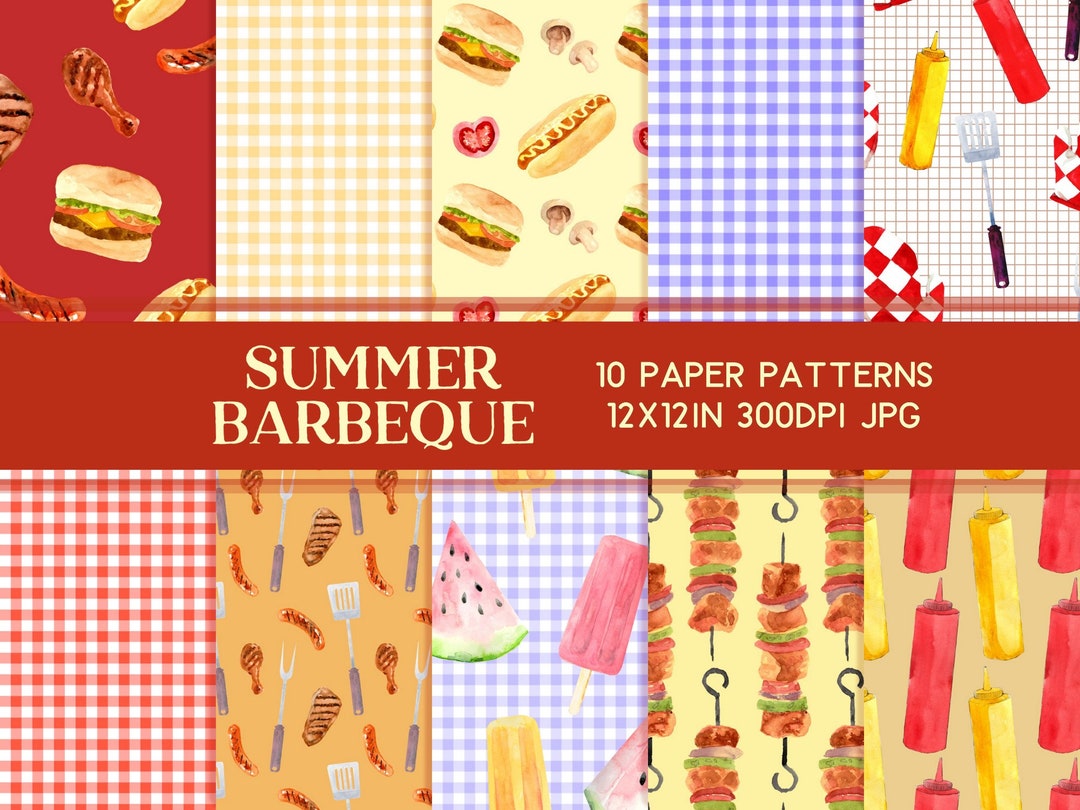 Summer Barbecue Digital Pattern, Scrapbook Paper Pack, Hamburgers and ...