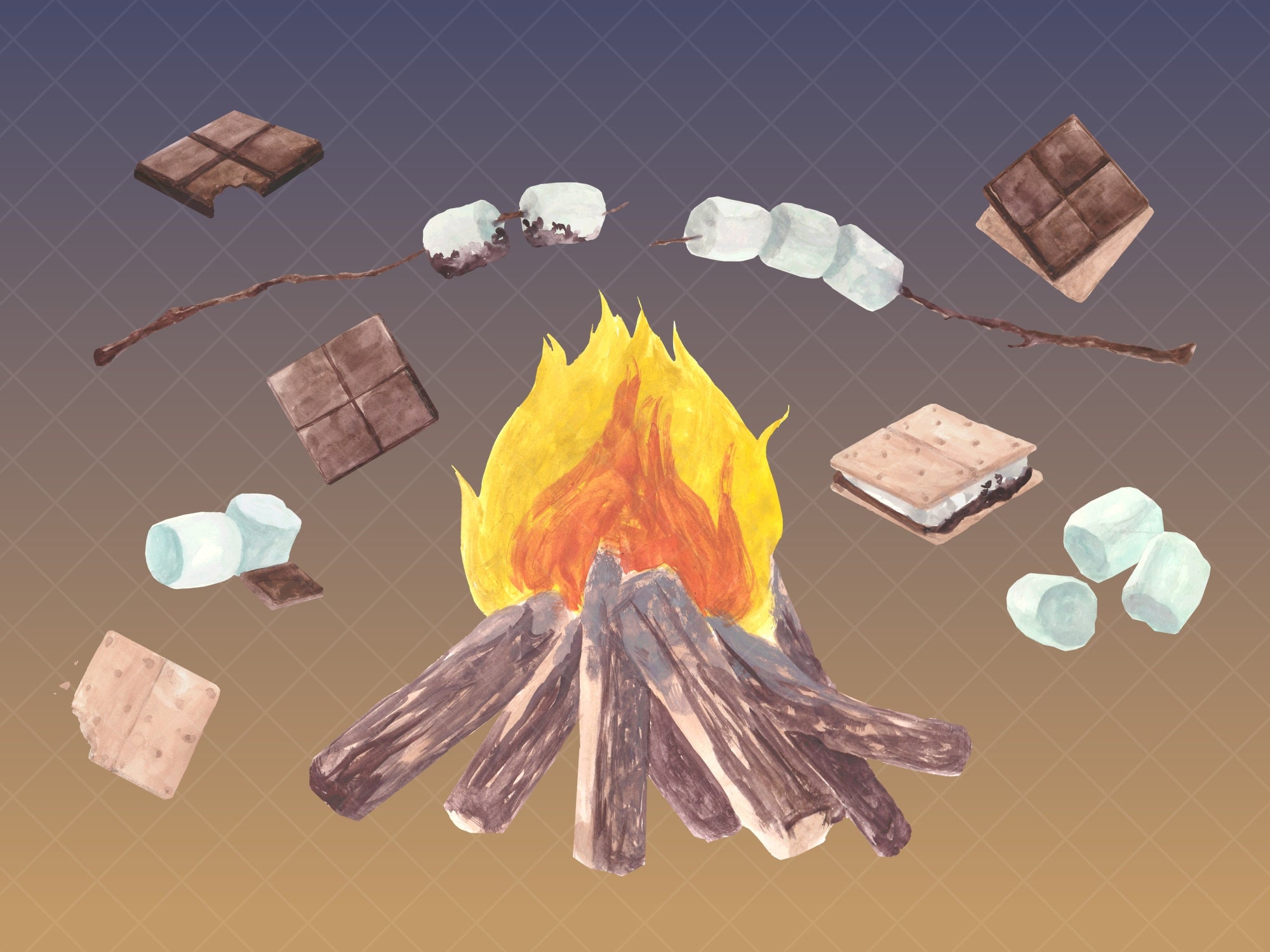 Campfire Smores Watercolor Clipart, Camping Illustrations, Transparent ...