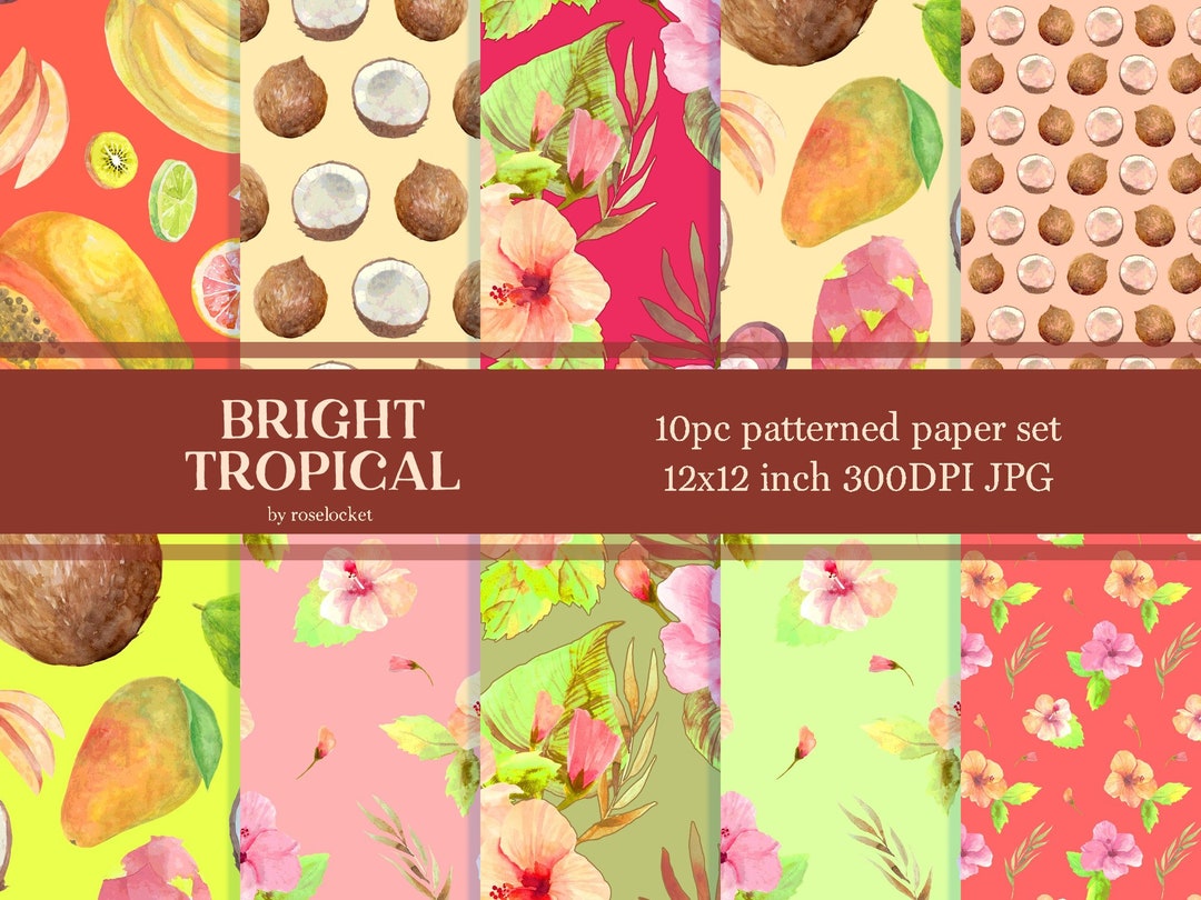 Summer Tropical Fruit and Florals Digital Paper Set, Repeating Patterns ...