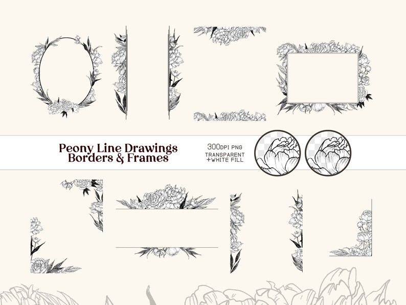 Peony Line Drawing PNG Borders and Frames, Transparent PNG Borders for ...
