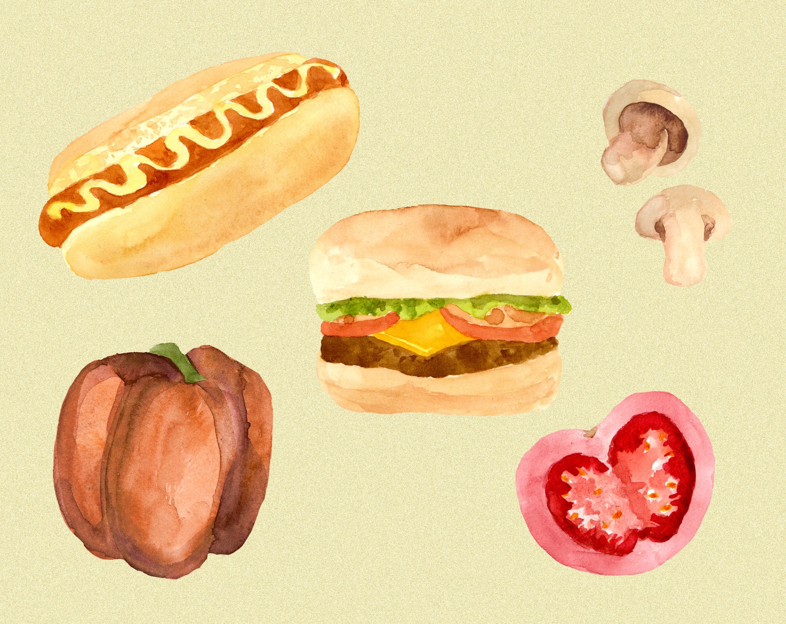 Barbecue Cookout Watercolor Clipart, Bbq Summer Food, Meat Burgers ...
