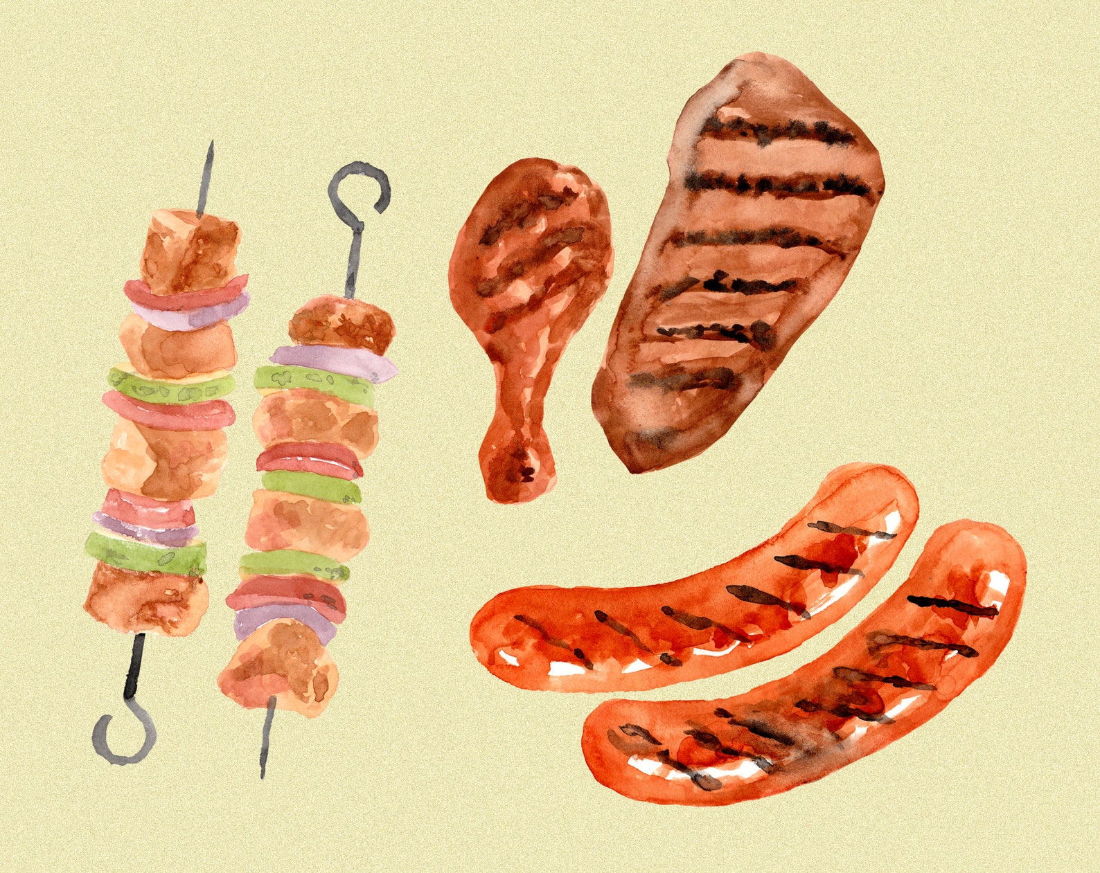 Barbecue Cookout Watercolor Clipart, Bbq Summer Food, Meat Burgers ...