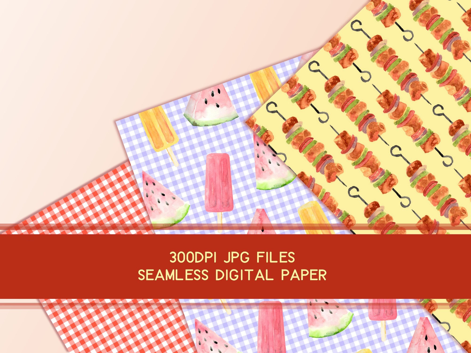 Summer Barbecue Digital Pattern, Scrapbook Paper Pack, Hamburgers and ...