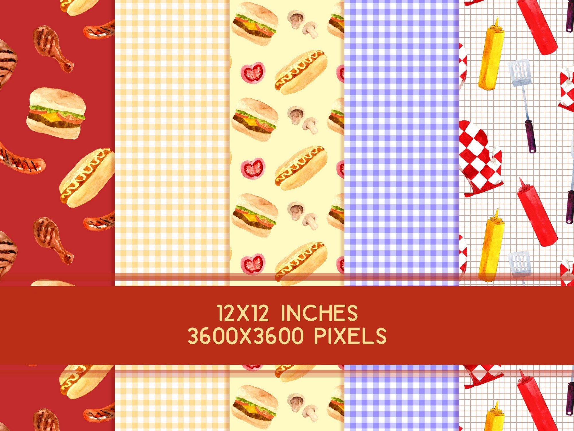 Summer Barbecue Digital Pattern, Scrapbook Paper Pack, Hamburgers and ...