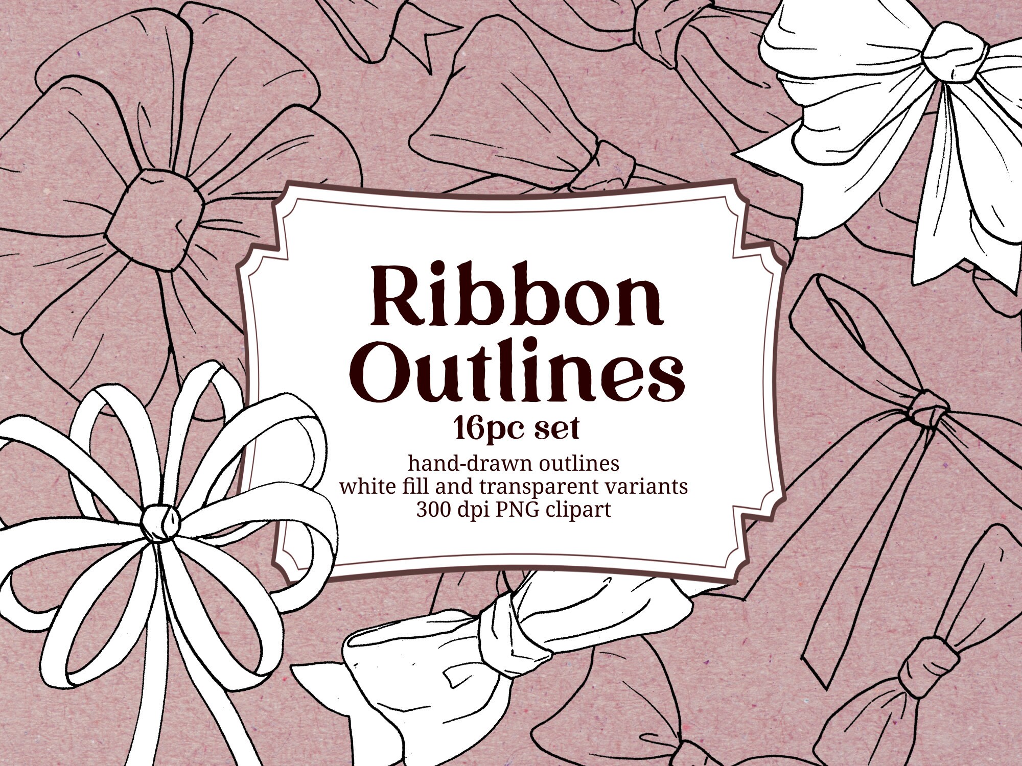 Ribbons and Bows Outlines, PNG Black and White Lineart for Kids Crafts ...