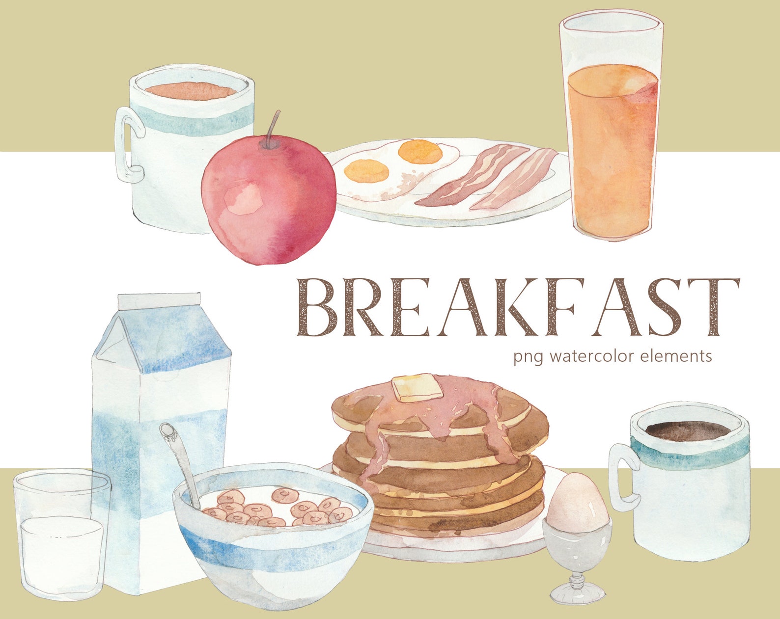 Breakfast Watercolor Clipart, PNG File, Instant Download. Food ...