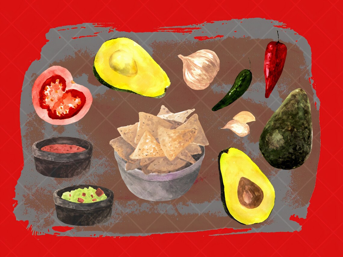 Avocado Guacamole Salsa Chips Watercolor Clipart, Tex-mex Food ...