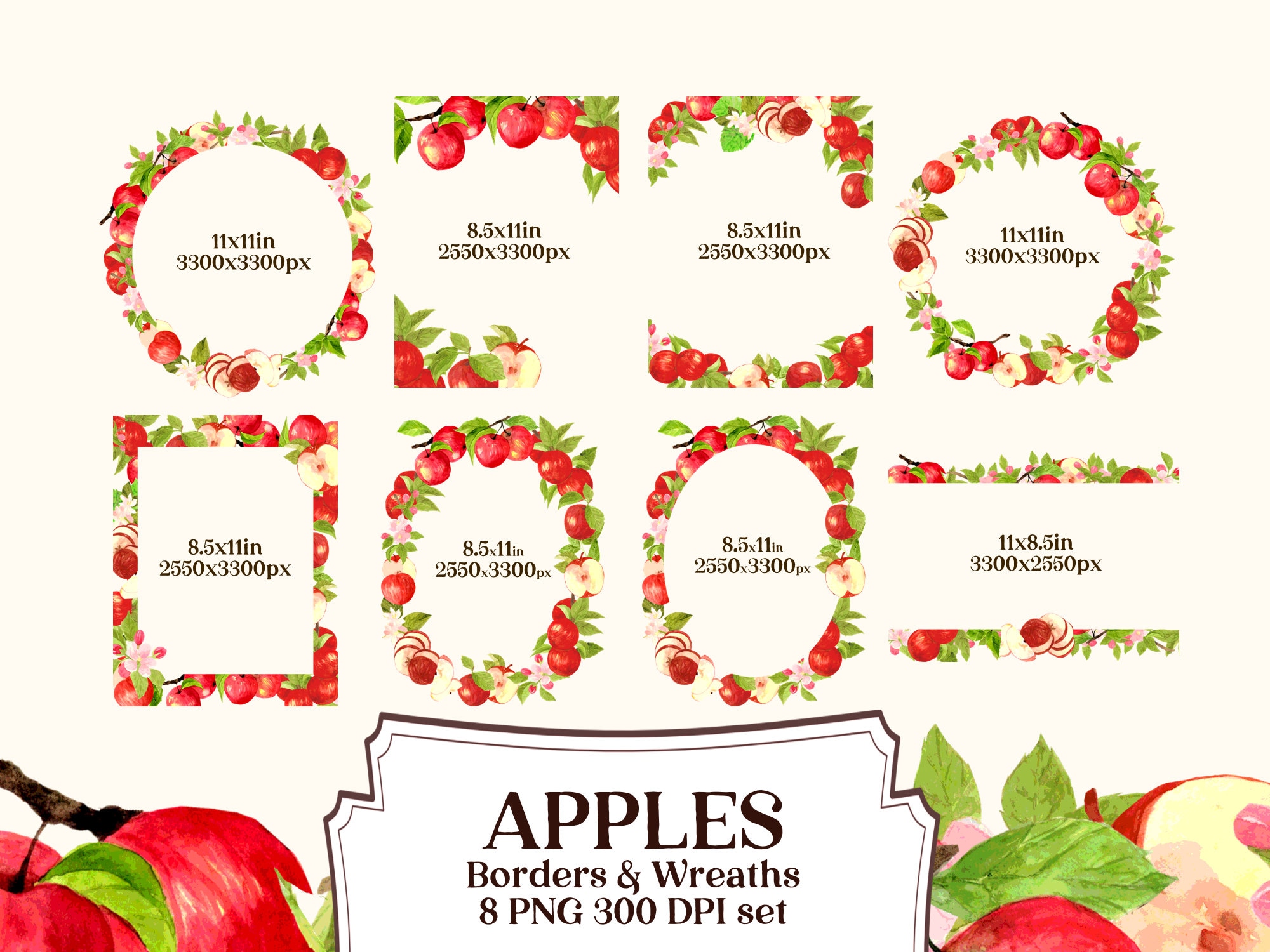 Watercolor Red Apple Frames and Borders PNG Clipart - Etsy