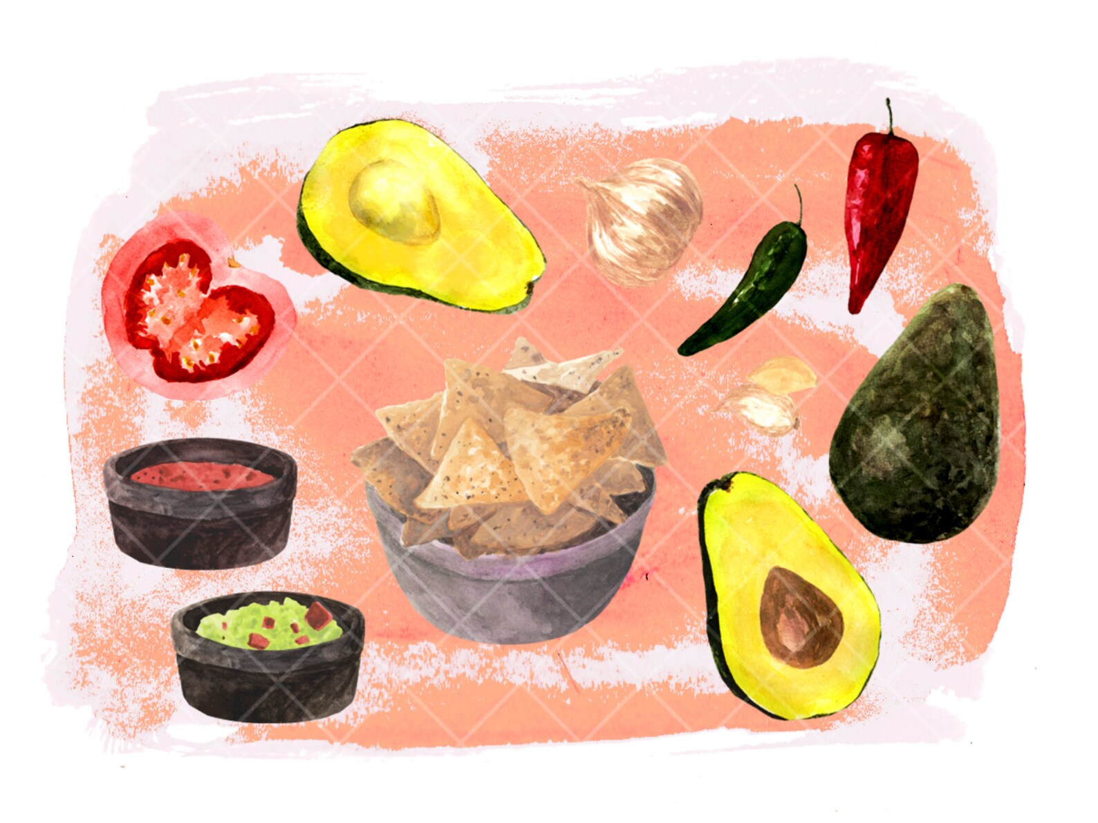Avocado Guacamole Salsa Chips Watercolor Clipart, Tex-mex Food ...