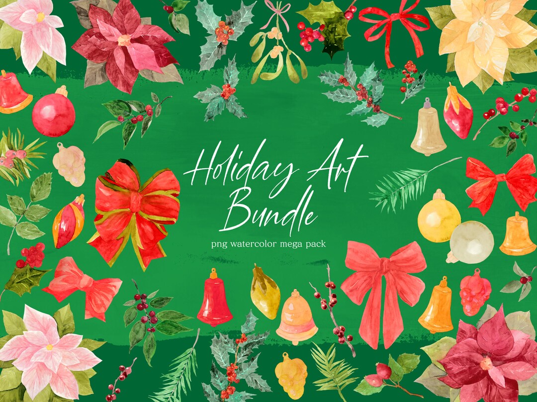 Holiday Watercolor Clipart Bundle, Christmas Holly, Seasonal Ornaments ...