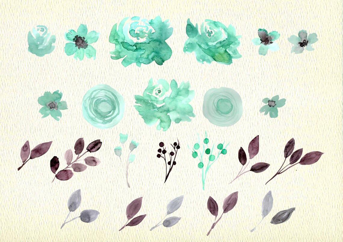 Teal Watercolor Florals Mint Green Flowers Png Ocean Color - Etsy