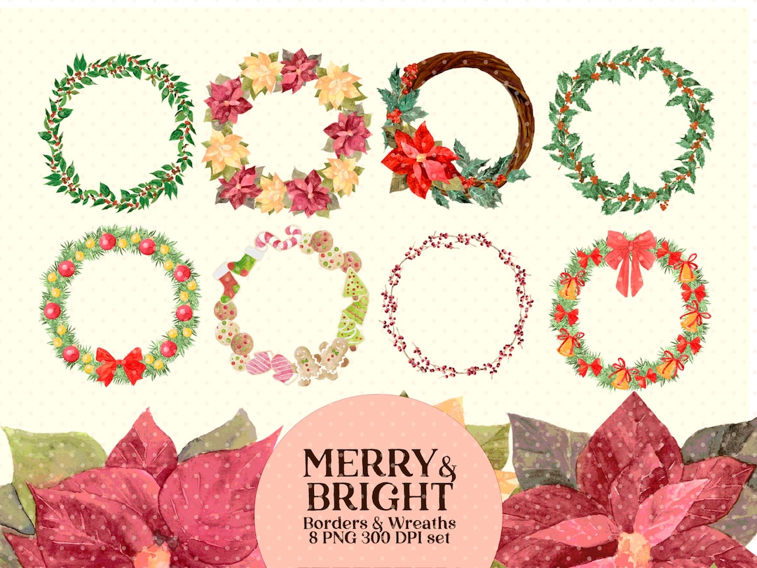 Christmas Wreaths Clipart, Holiday Borders for Cards and Crafts ...