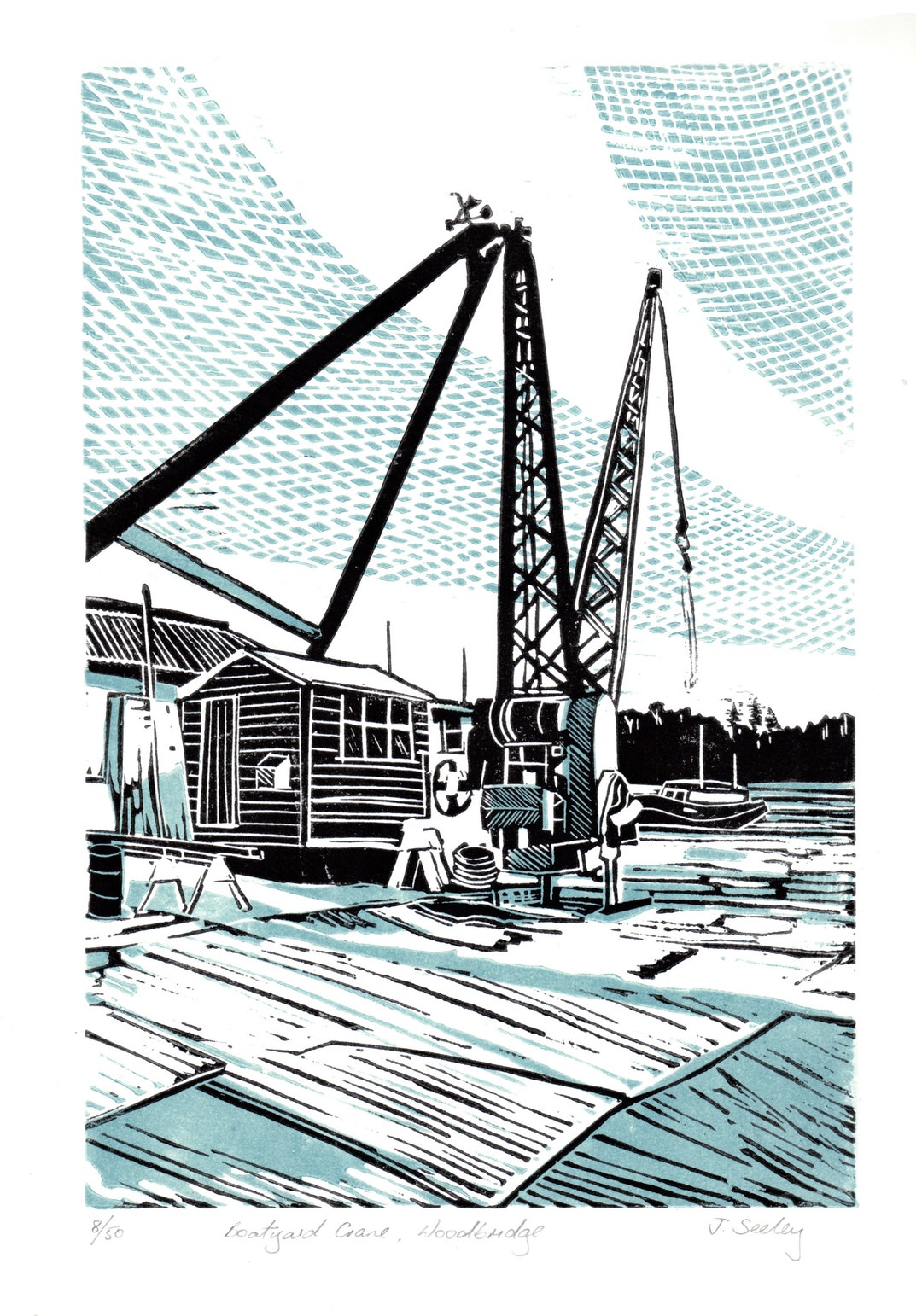 Original Limited Edition Lino Cut, Boatyard Cranes, Woodbridge, by Jem ...