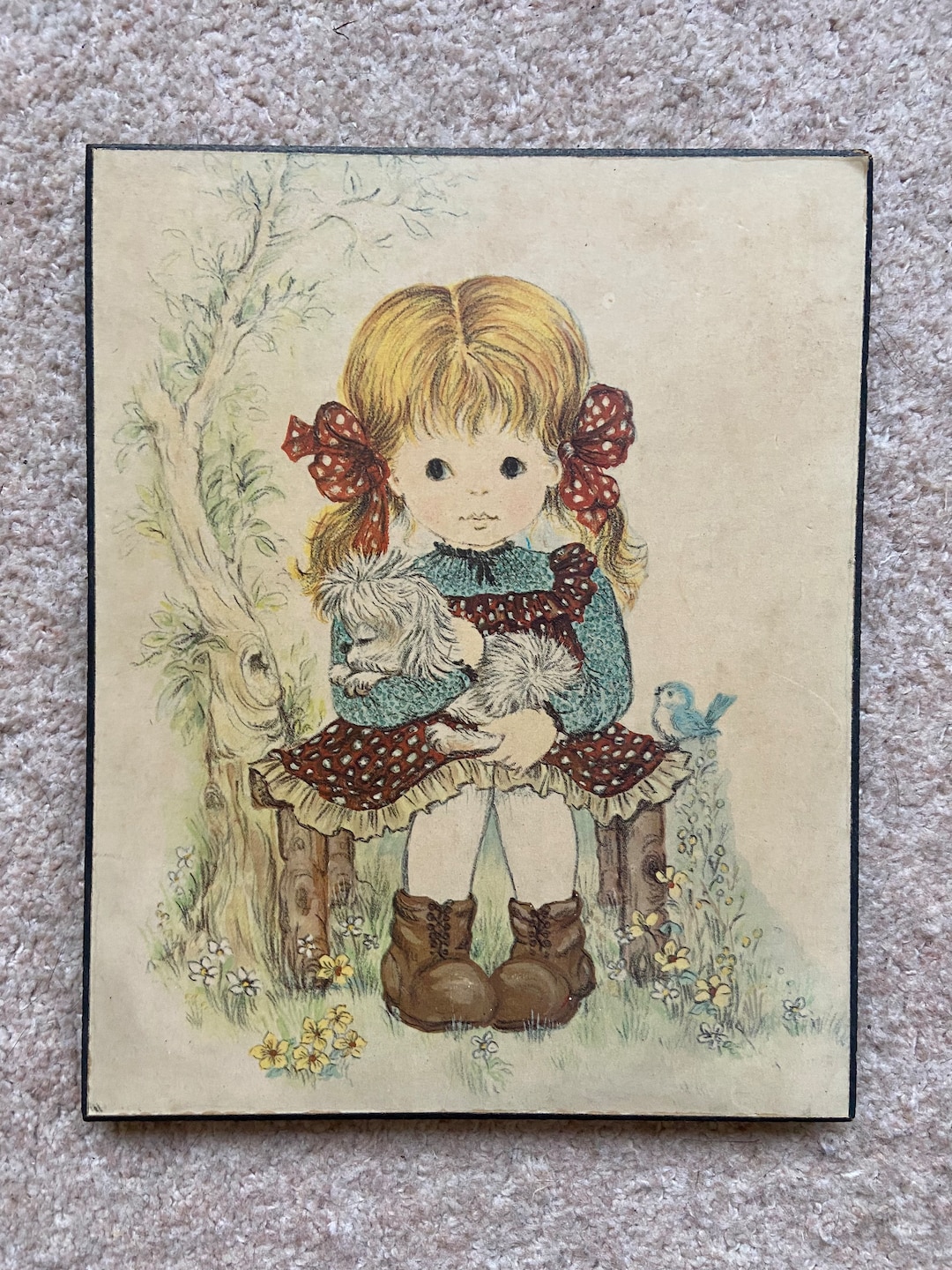 Vintage Kitsch Little Girl and Dog Wood Block Print. - Etsy