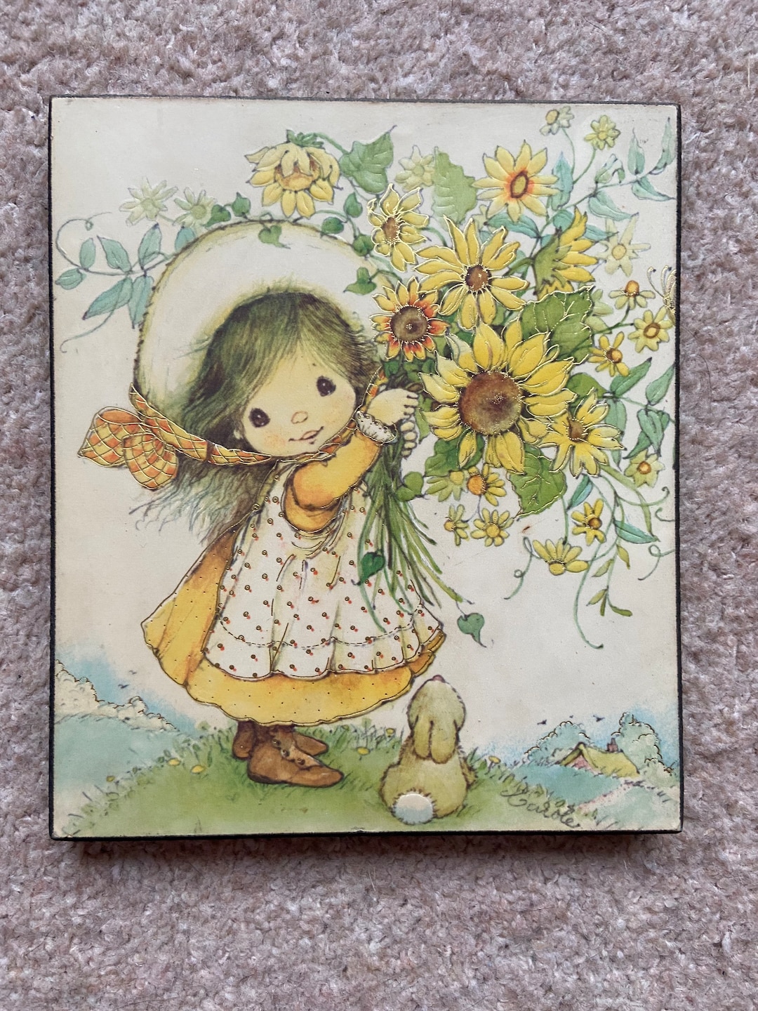 Vintage Kitsch Little Girl With Sunflowers Wood Block Print. - Etsy UK