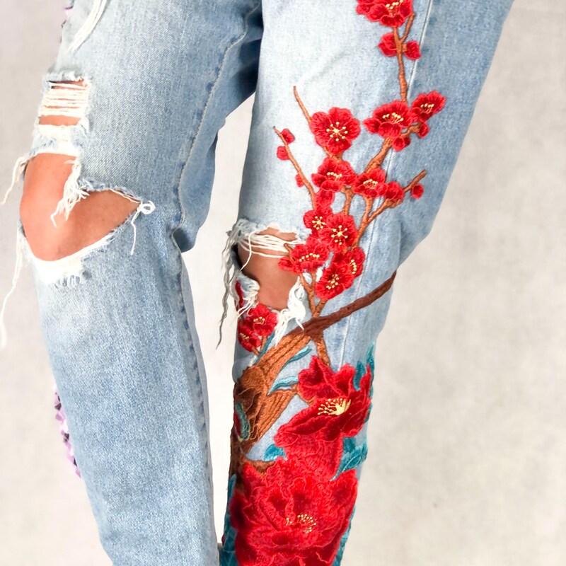 Embroidered Jeans - Etsy
