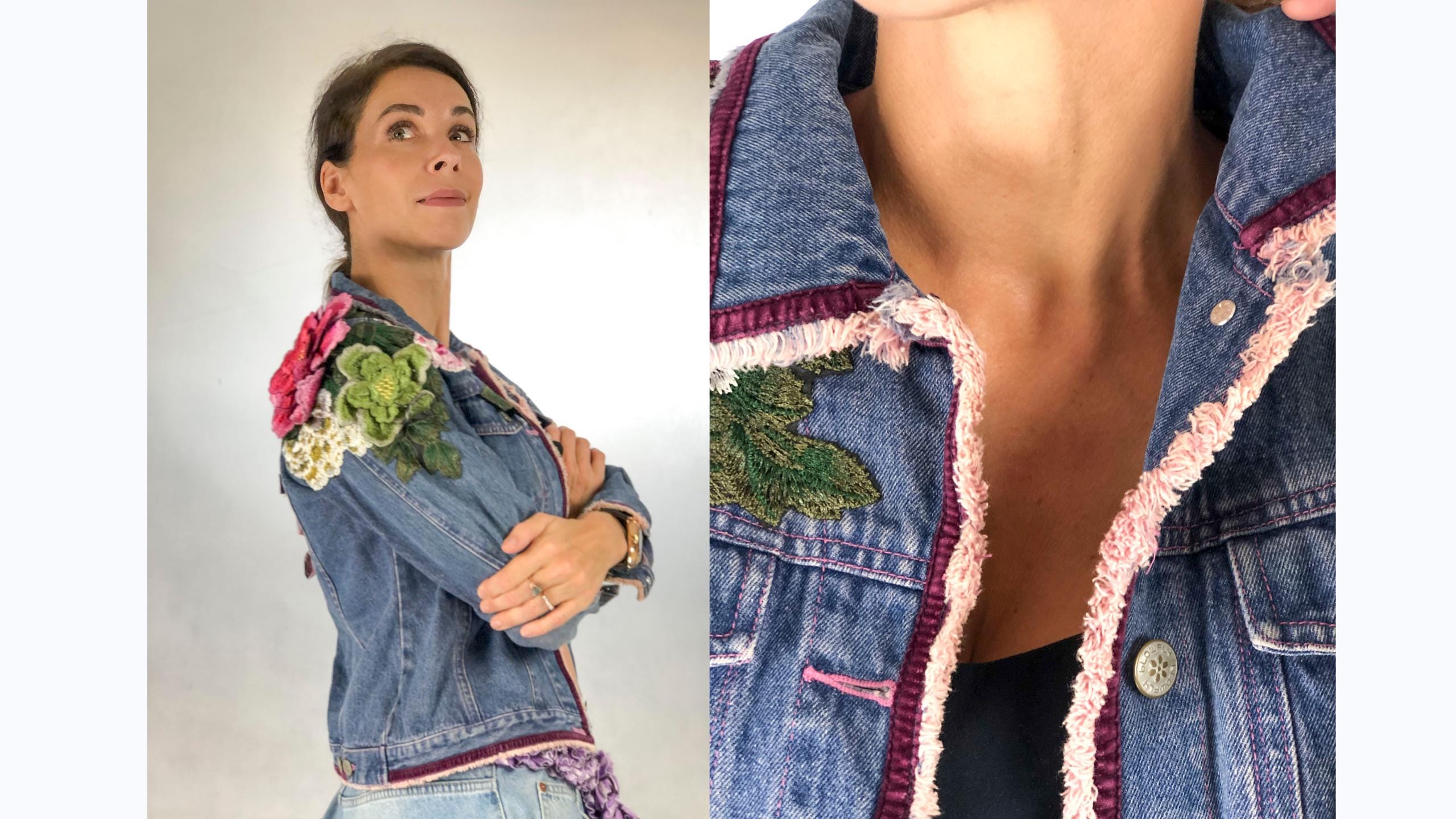 Upcycled Denim Jacket: Embroidered Floral Y2K Vintage Style (size M) - Etsy