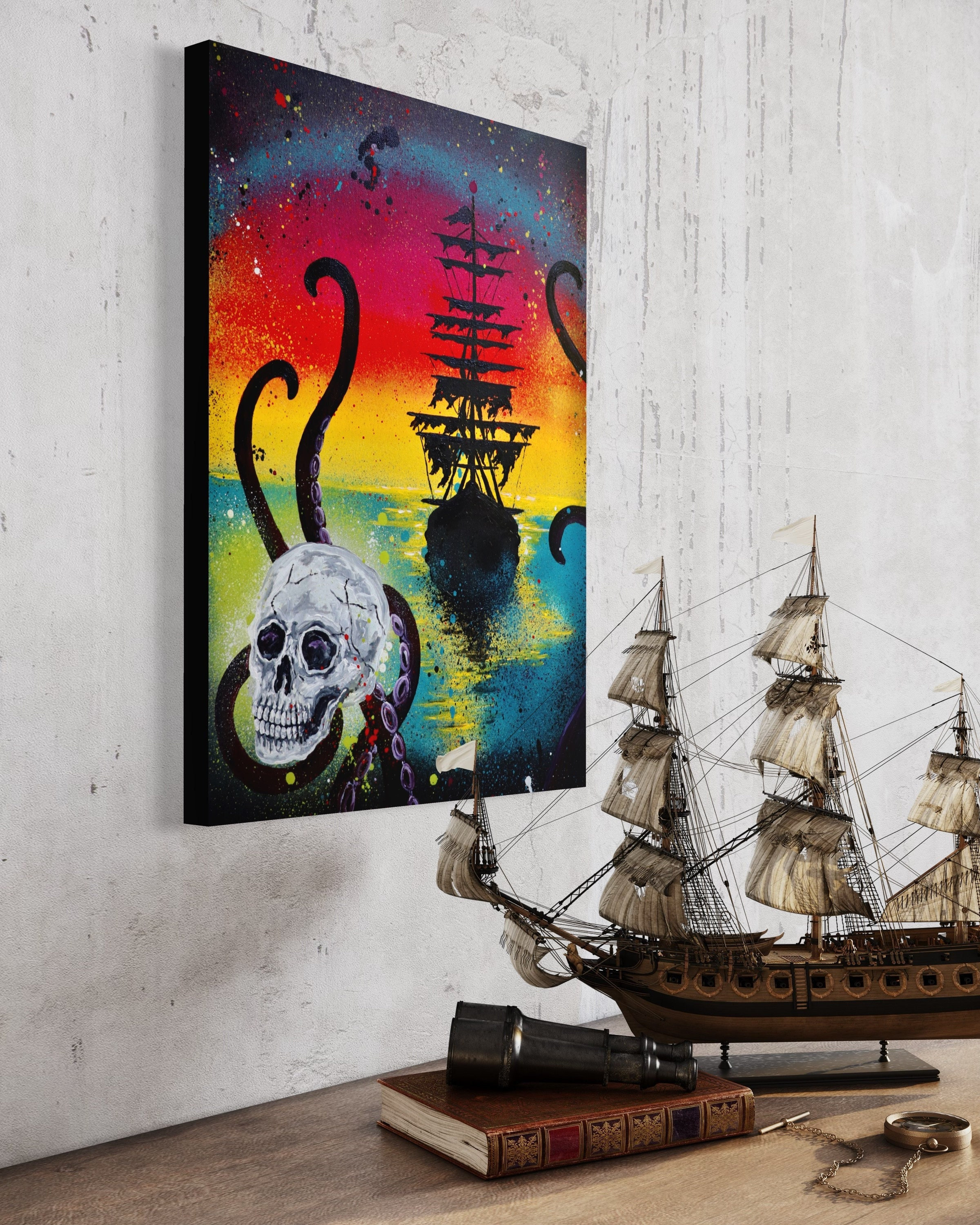 Pirate Ship Sunset Pirate Painting Ocean Sunset Art Skull - Etsy