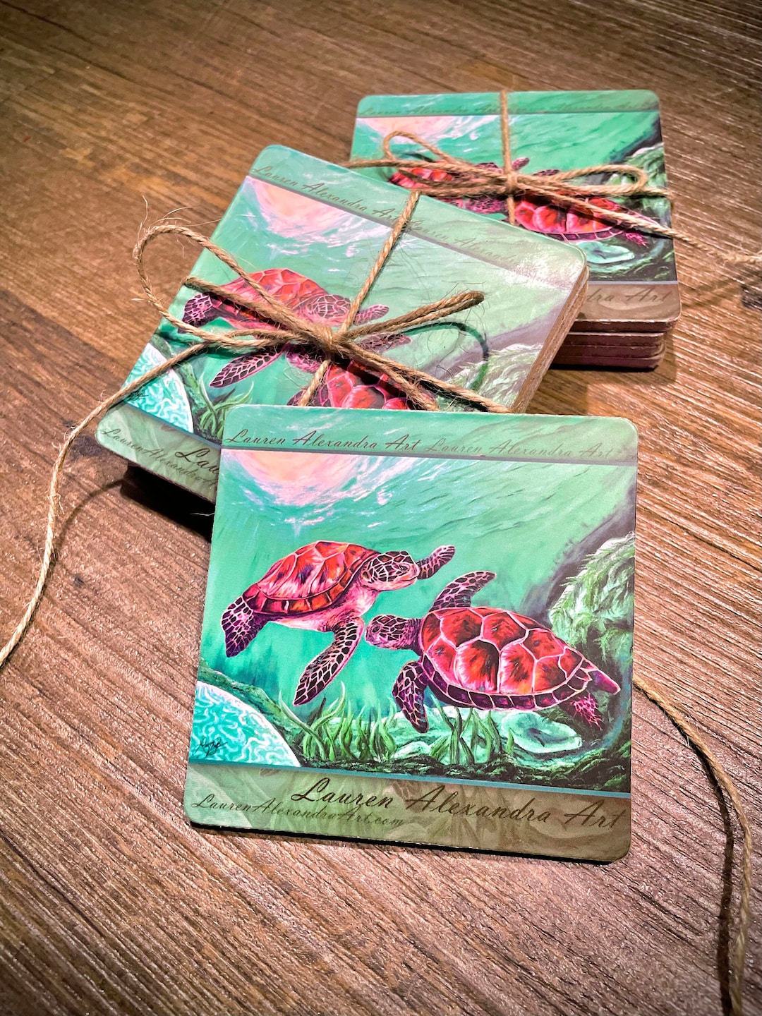 Sea Turtles Coasters Set of 4, Ocean Tropical Beach Decor, Caribbean ...