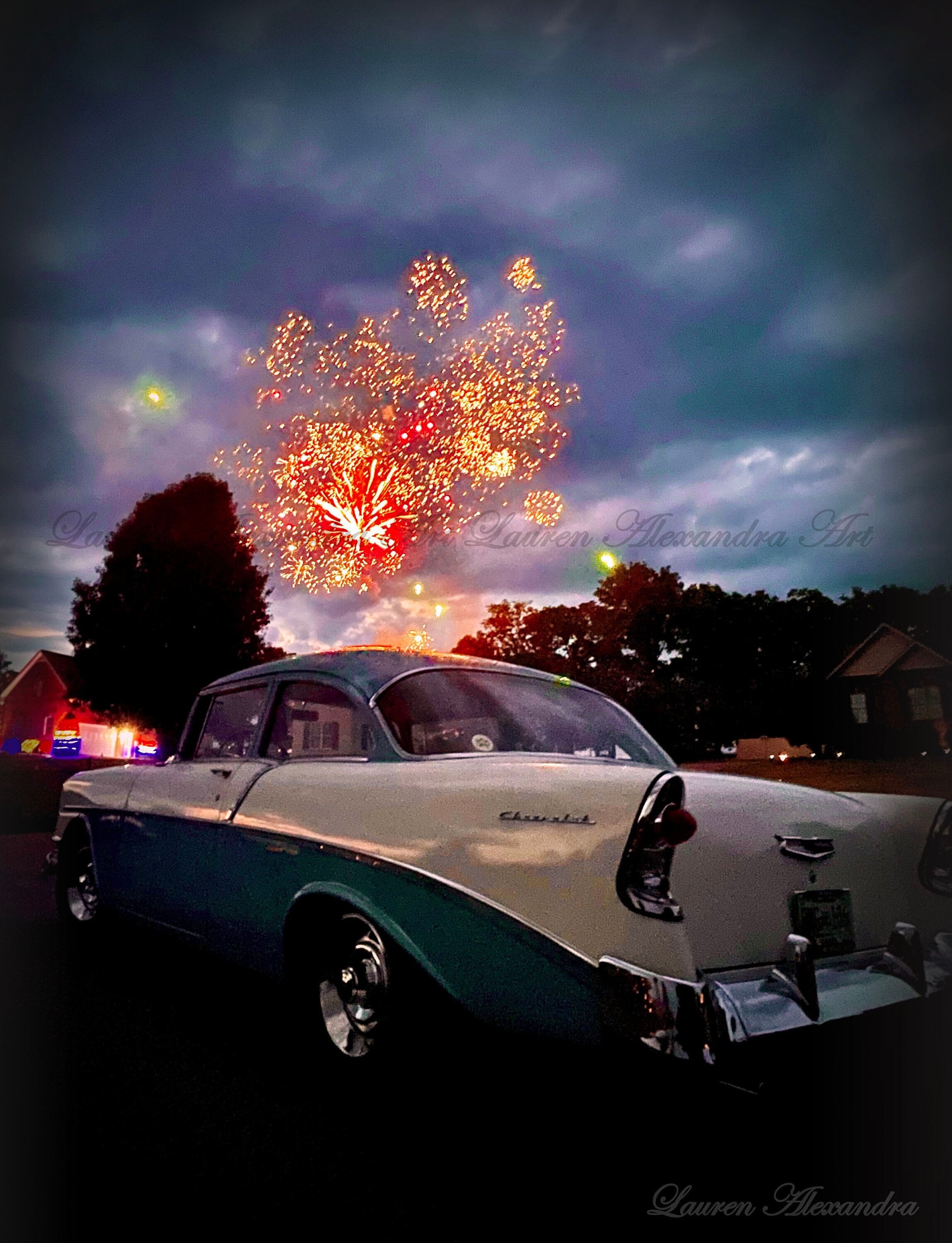 Vintage Fireworks Red Classic Car Photo, Independence Day Celebration ...