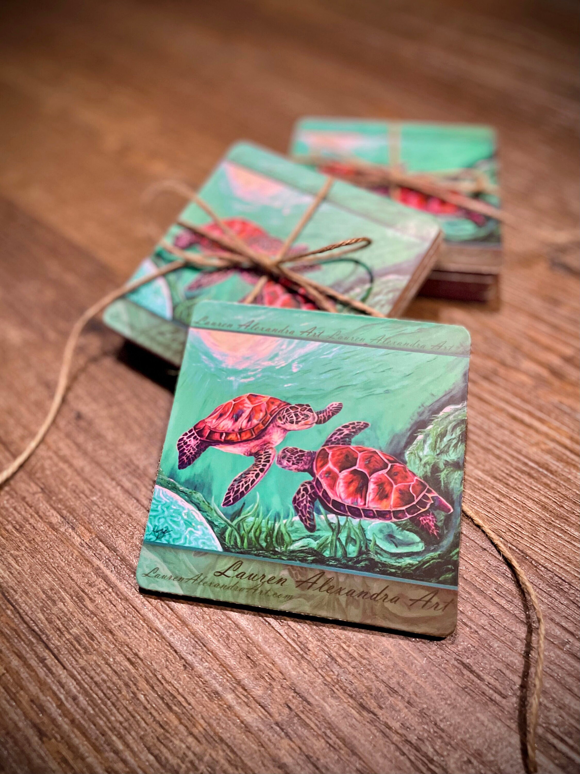 Sea Turtles Coasters Set of 4, Ocean Tropical Beach Decor, Caribbean ...