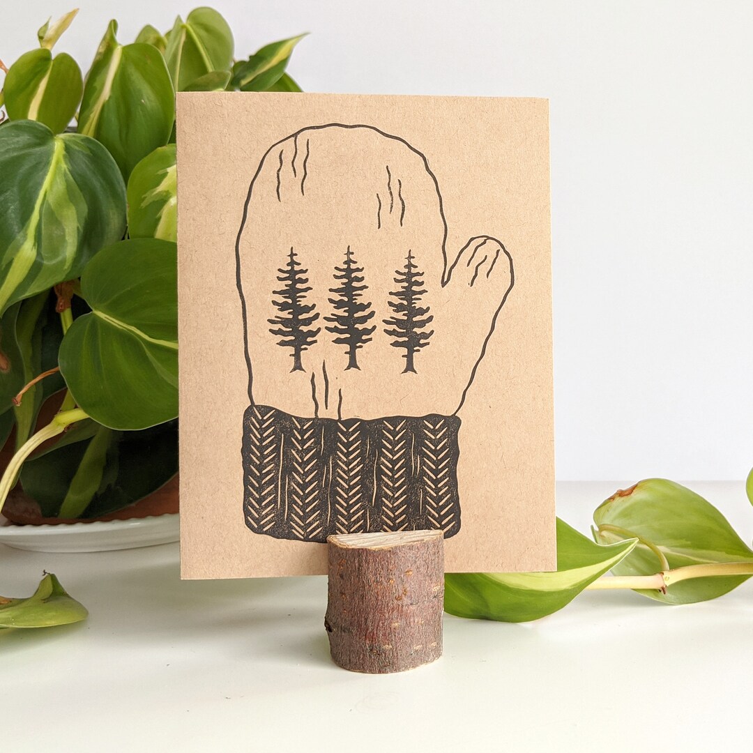 Mitten Christmas Card Holiday Linocut Winter Mitten Card - Etsy