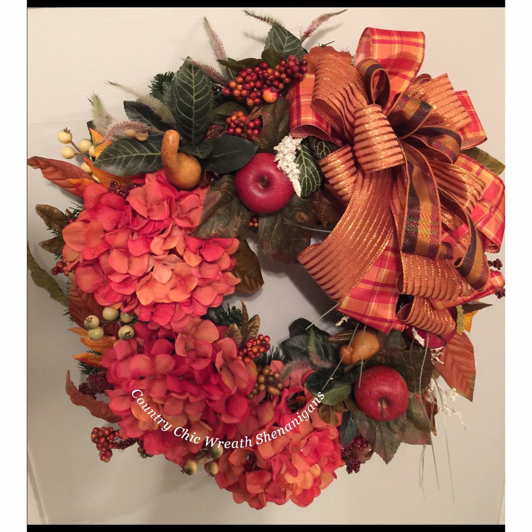 Hydrangeas Wreath, Bronze Bow Wreath, Hydrangeas, Fruit, Gourds, and ...