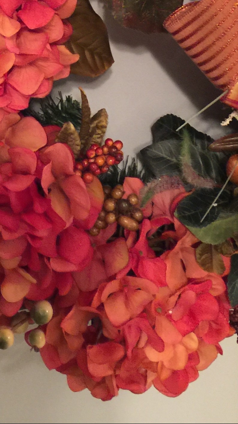 Hydrangeas Wreath, Bronze Bow Wreath, Hydrangeas, Fruit, Gourds, and ...