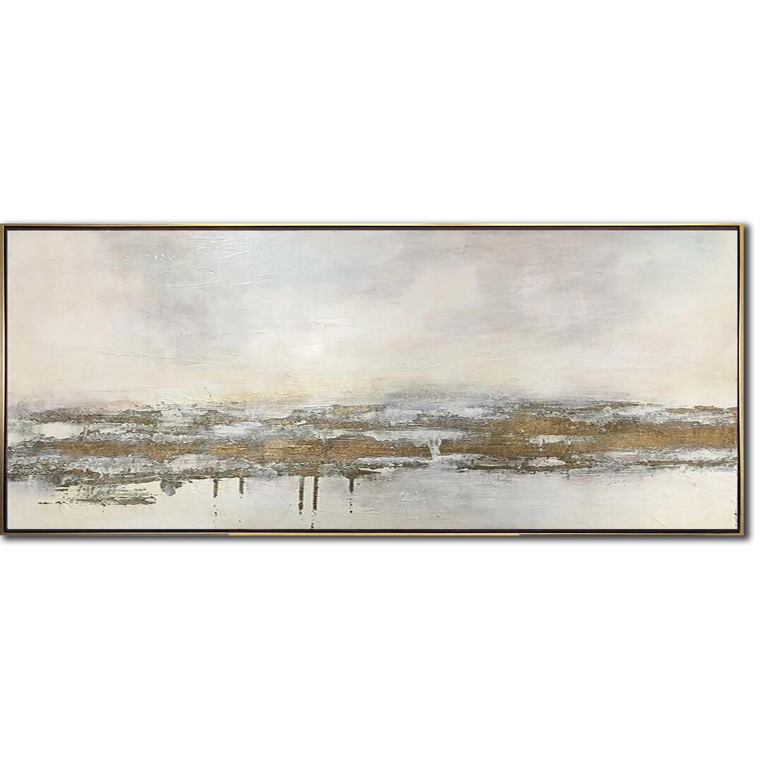 Oversized Painting Modern White Artwork With Golden Touch Wide Painting ...