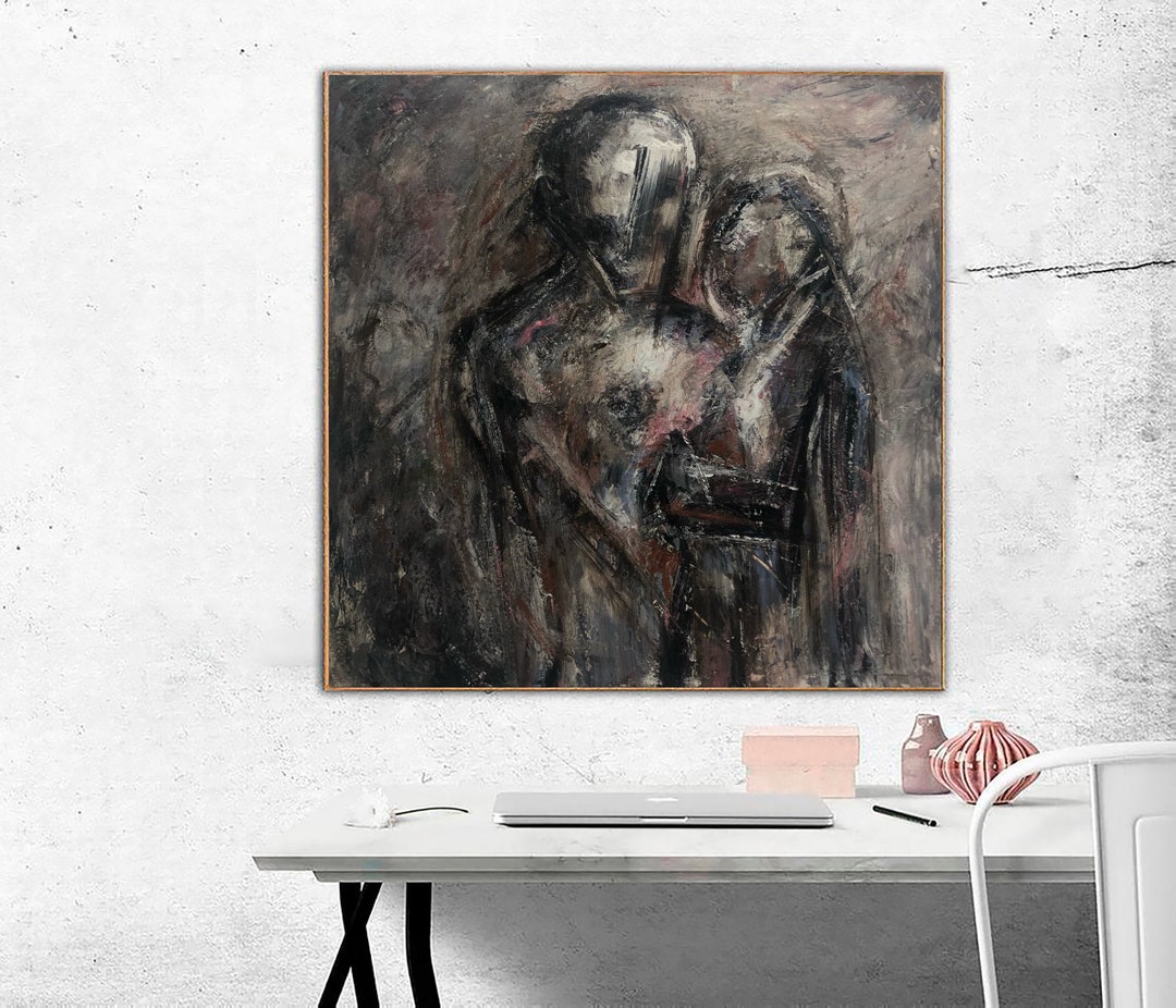 Abstract Couple Embrace Painting – Textured Figurative Wall Art on ...