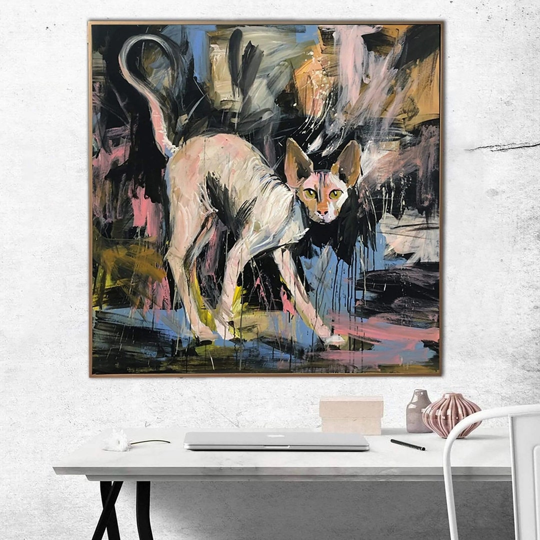 46x46 Original Cat Painting Canvas Vivid Artwork Sphynx Cat Wall Art ...