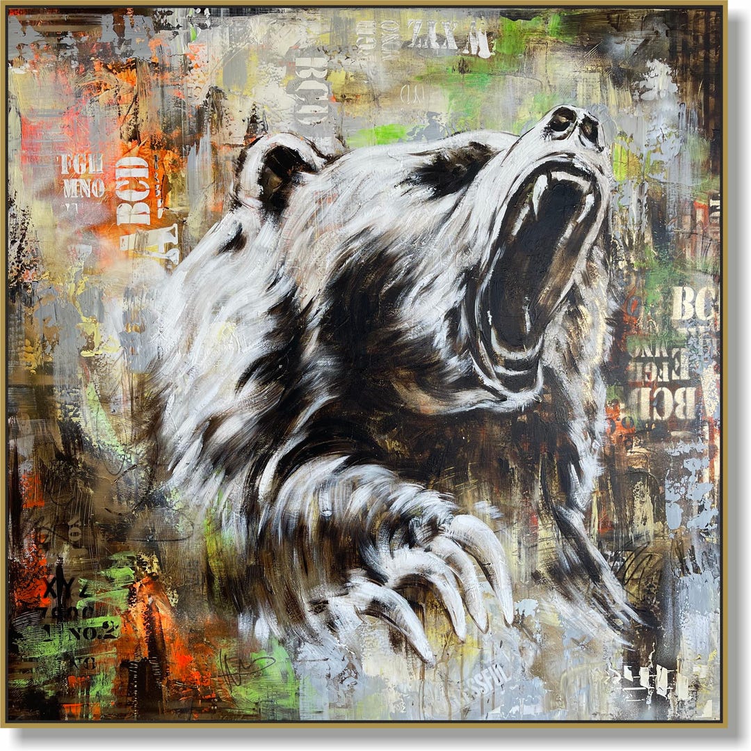 Large Bold Abstract Bear Painting Wildlife Expressionist Art Roaring Grizzly on Canvas Modern ...