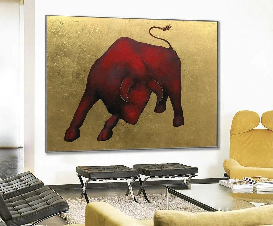 Large Red Bull Painting, Gold Leaf Abstract Canvas, Modern Office Decor ...