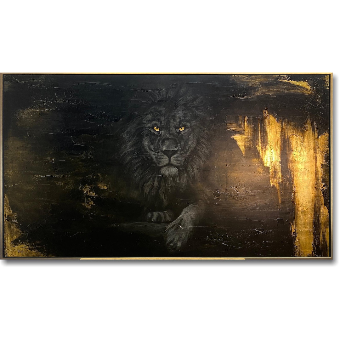 Majestic Black Lion Paintings on Black Canvas Modern Gold Leaf Art Bold ...