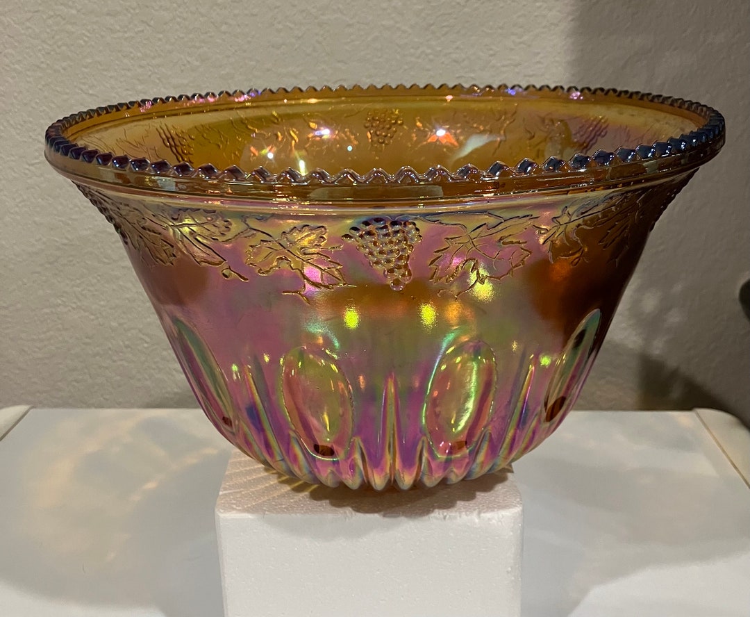 Large Indiana Iridescent Amber Colored Carnival Glass Punchbowl Fruit ...