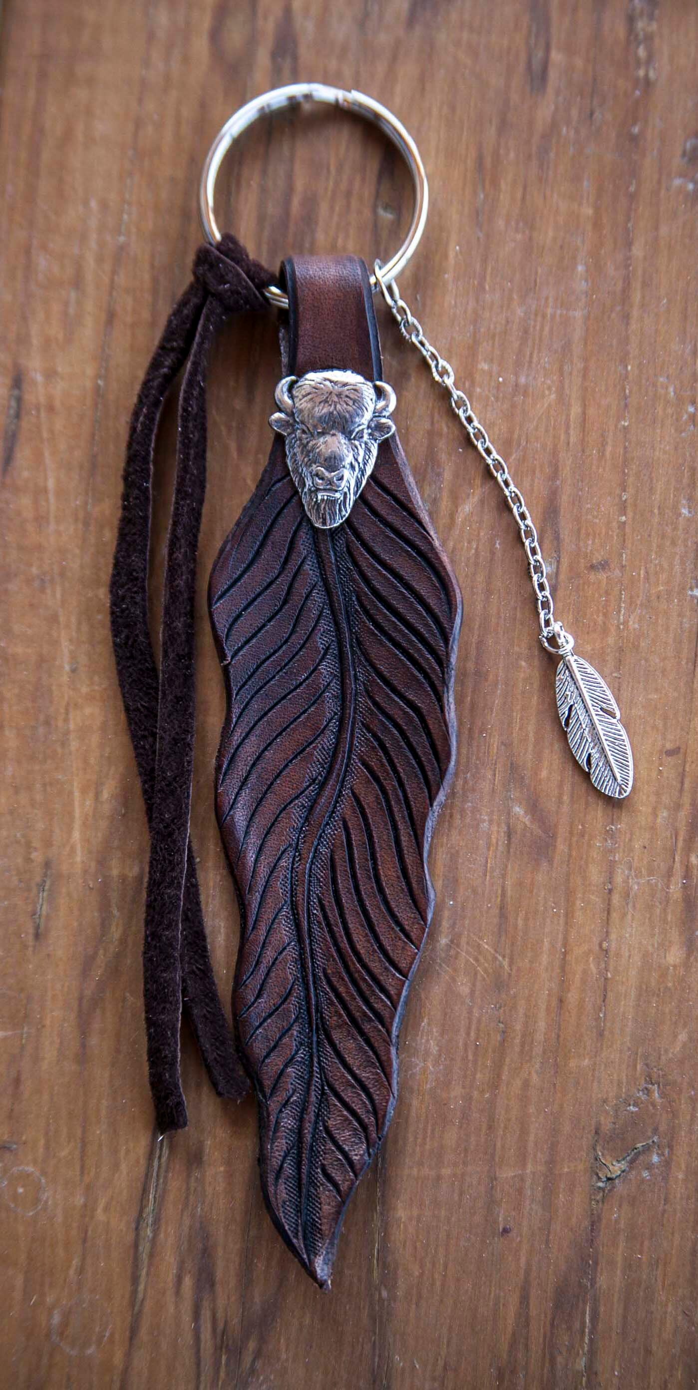Buffalo Eagle Feather Key Ring, Tooled Leather, Silver Feather, Western ...