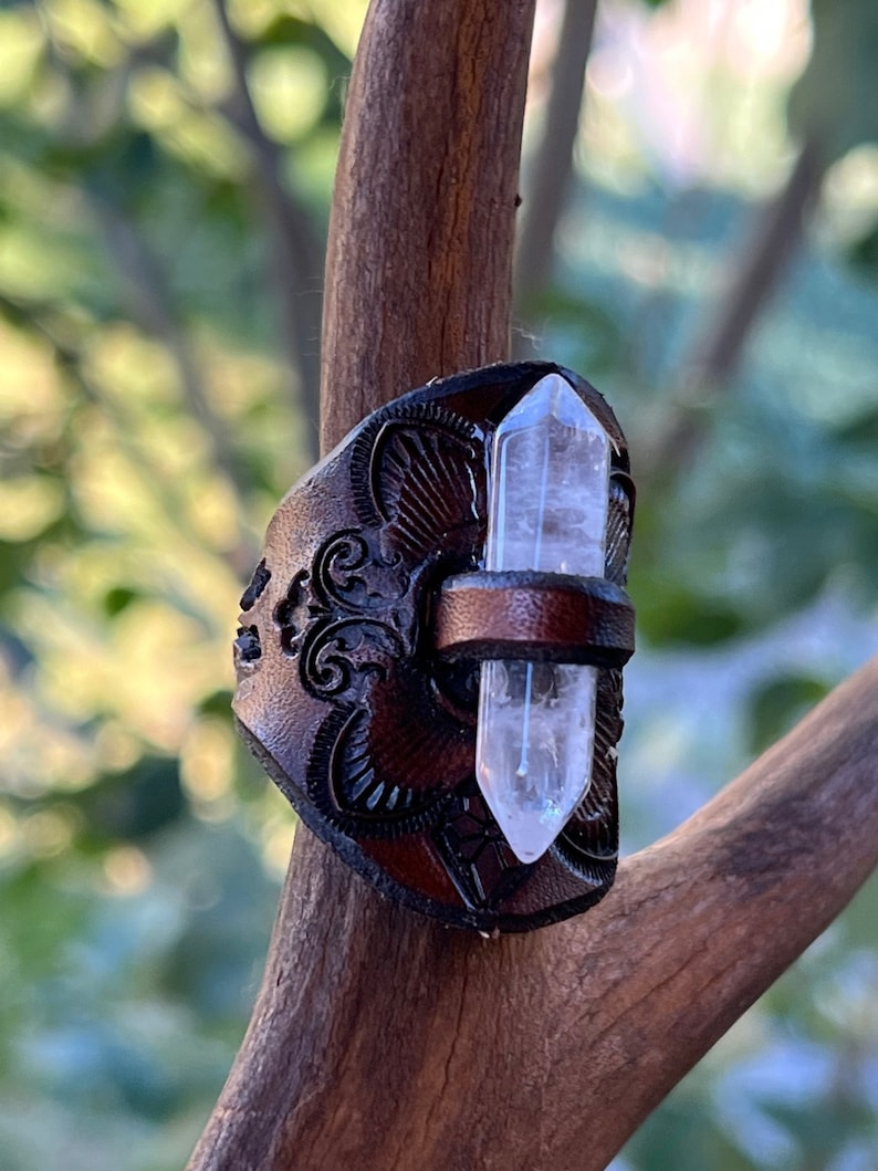 Druid Ring, Tooled Leather, Raw Quartz Crystal, Western, Celtic Design ...