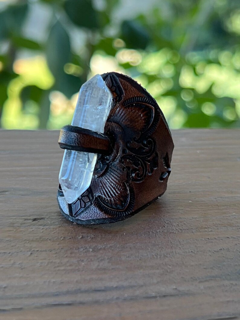 Druid Ring, Tooled Leather, Raw Quartz Crystal, Western, Celtic Design ...