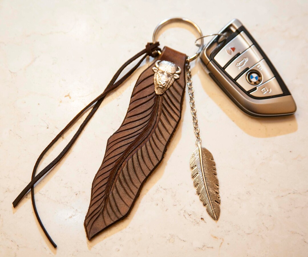 Eagle Feather Key Ring, Buffalo, Tooled Leather, Silver Feather ...