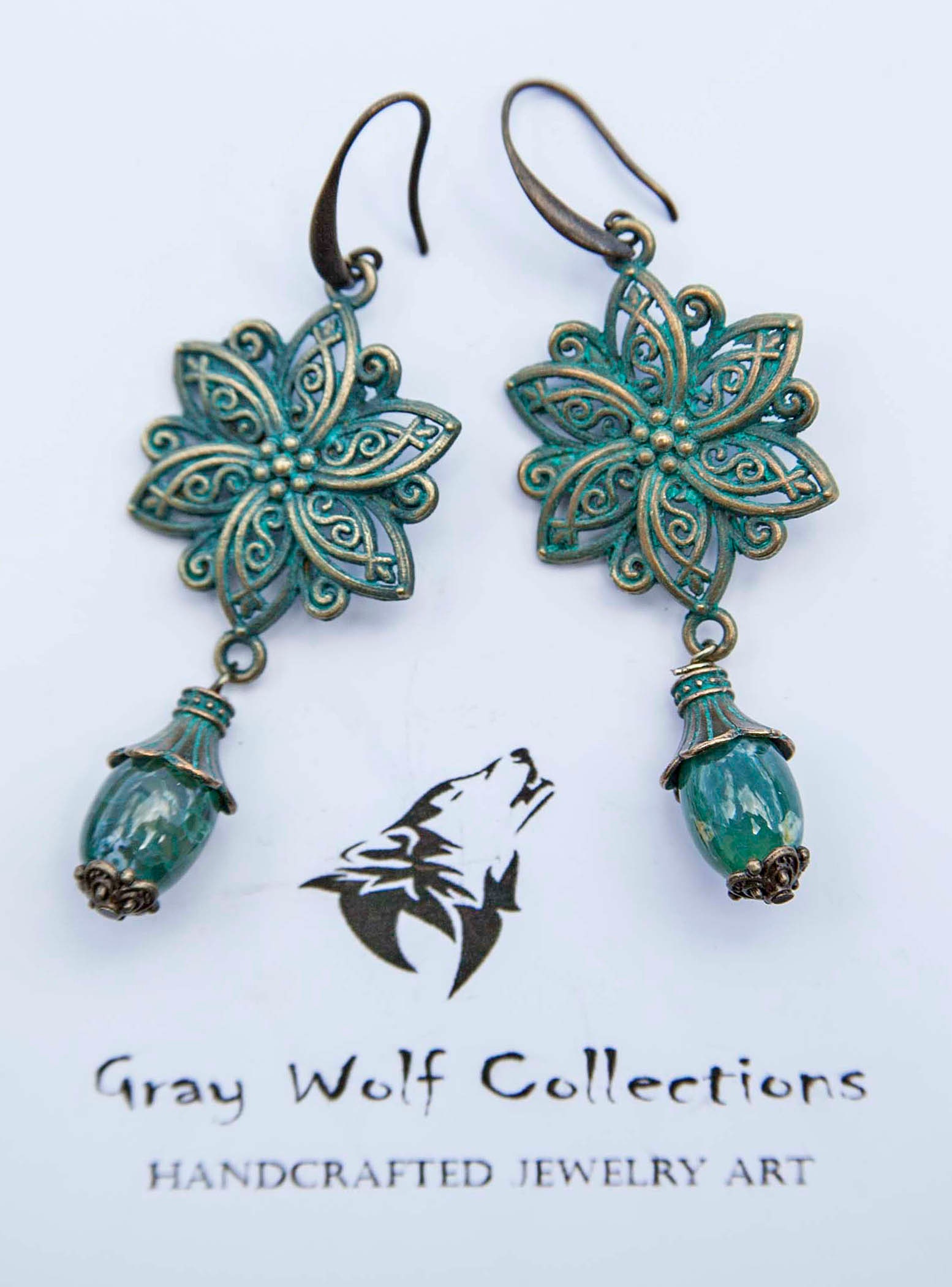 Verdigris Blue Patina Antique Brass Filigree Flower Earrings "shade of ...
