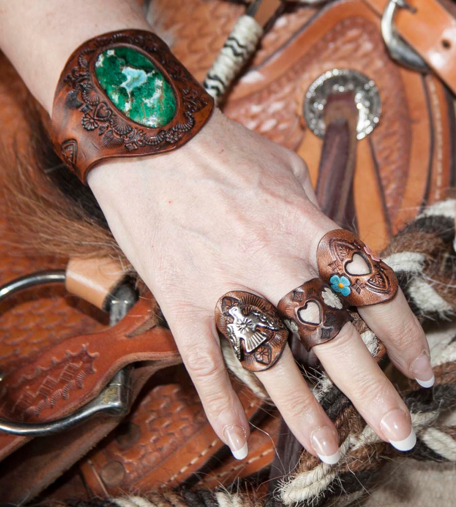 Small Hand Painted Flower Leather Ring Tooled Western Design - Etsy