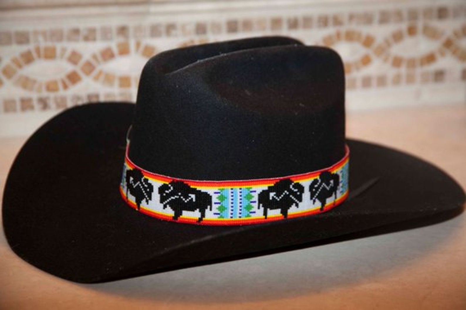 Buffalo Native American Style Wide Hat Band, Beaded Hatband - Etsy