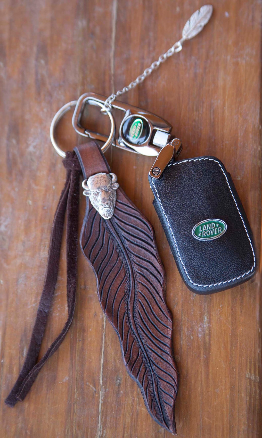 Buffalo Eagle Feather Key Ring, Tooled Leather, Silver Feather, Western ...