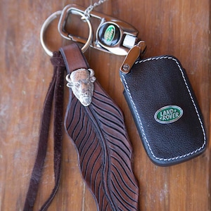 Buffalo Eagle Feather Key Ring, Tooled Leather, Silver Feather, Western ...