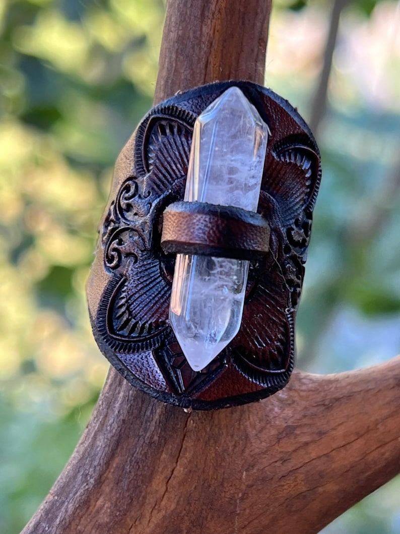 Druid Ring, Tooled Leather, Raw Quartz Crystal, Western, Celtic Design ...