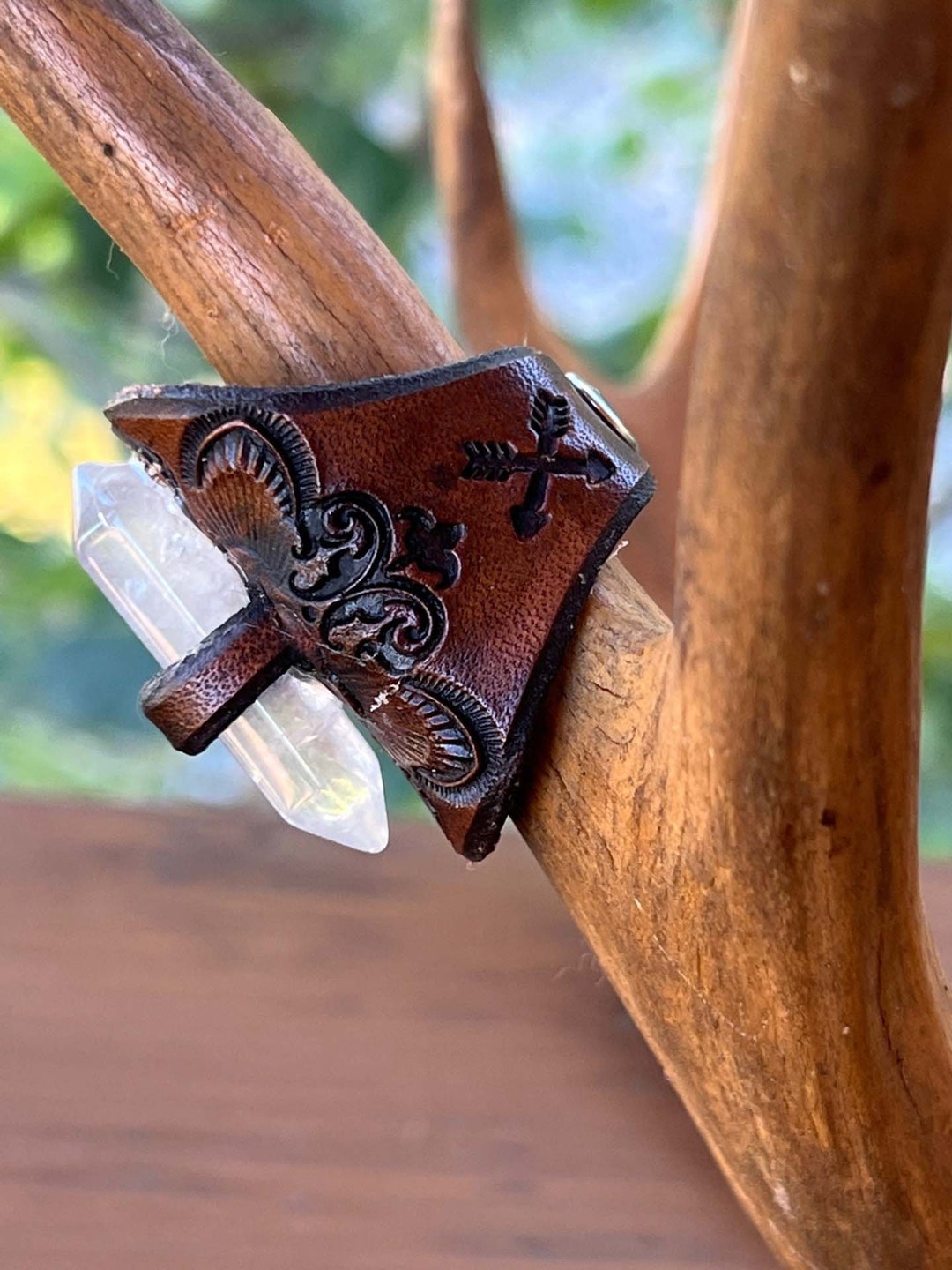 Druid Ring, Tooled Leather, Raw Quartz Crystal, Western, Celtic Design ...