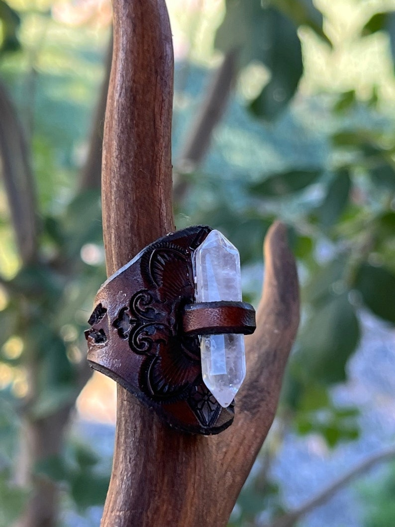 Druid Ring, Tooled Leather, Raw Quartz Crystal, Western, Celtic Design ...