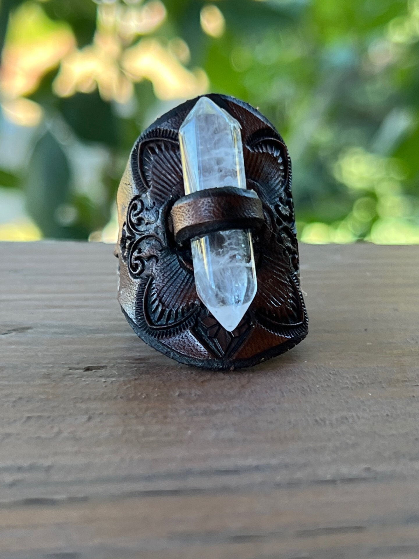 Druid Ring, Tooled Leather, Raw Quartz Crystal, Western, Celtic Design ...