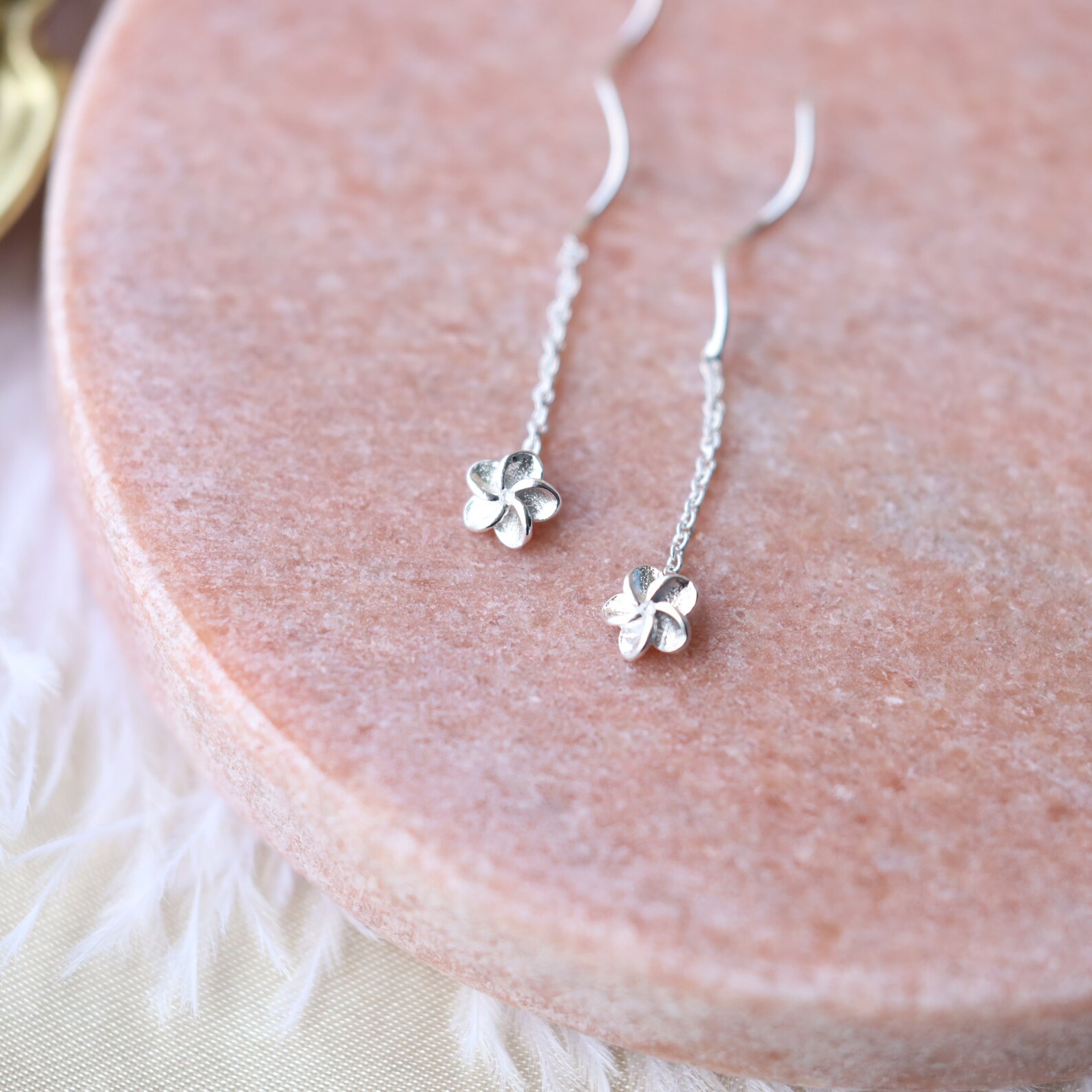 Flower Earrings Flower Threader Earrings Long Chain - Etsy