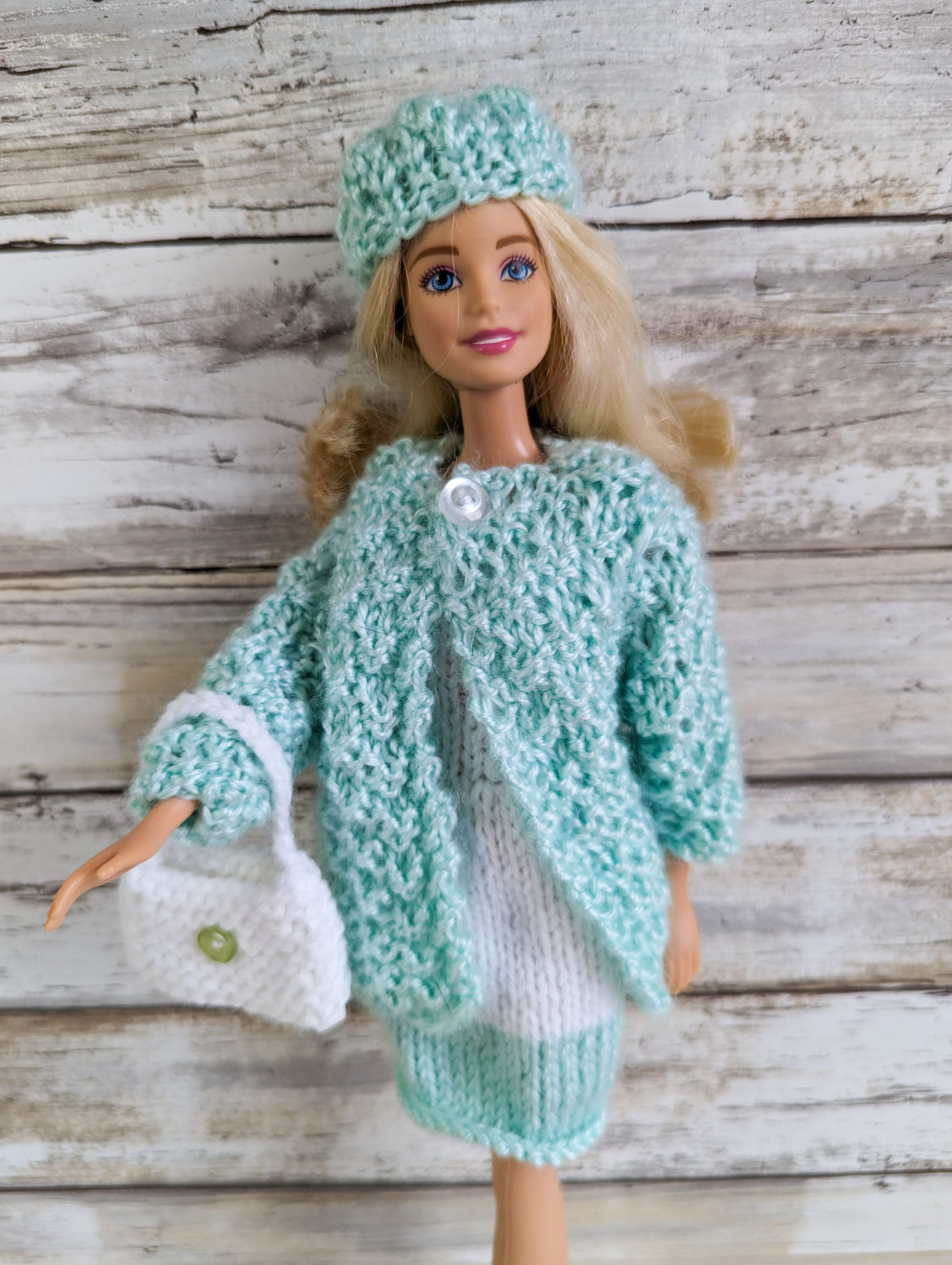 Knit Barbie Outfit, 4-pc Barbie Wardrobe, Barbie Dress Coat Purse Hat ...